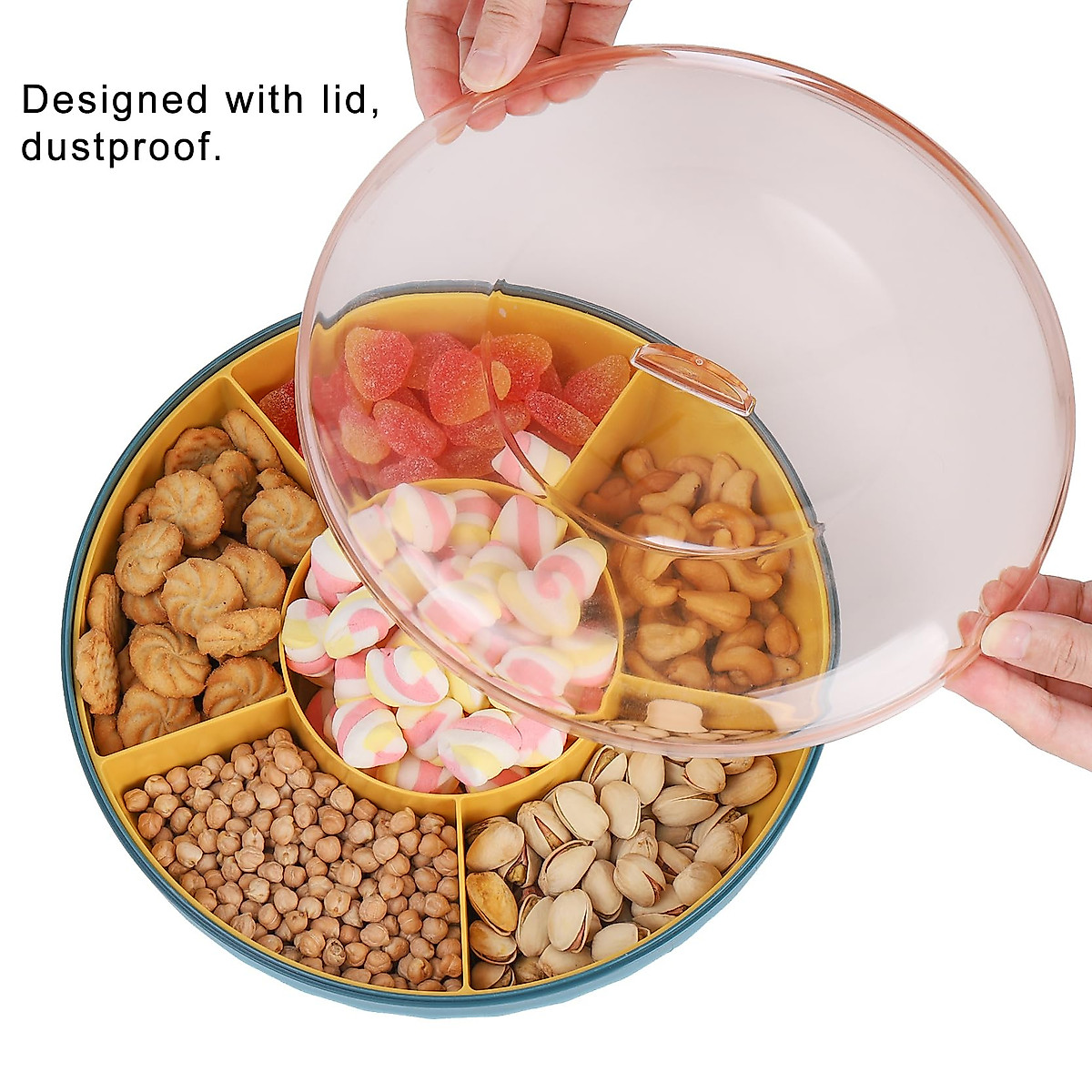 SOUJOY 2 Pack Divided Serving Tray with Lid, 6 Compartment Veggie Tray, 10'' Round Reusable Snack Containers, Party Platter for Candy, Appetizer, Snack, Fruit, Nuts, Veggie, Parties