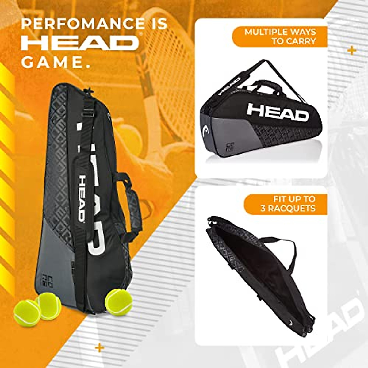 Head Core 3R Pro Tennis Racquet Bag 3-Pack (30 x 13 x 4 Inches), Black/Grey