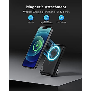 VRURC Magnetic Power Bank, 10000mAh Wireless Portable Charger iPhone, Max 22.5W Fast Charging, USB-C & USB Outputs,Magnetic Battery Charger for iPhone 14/13/12 Series, with Finger Holder - Black