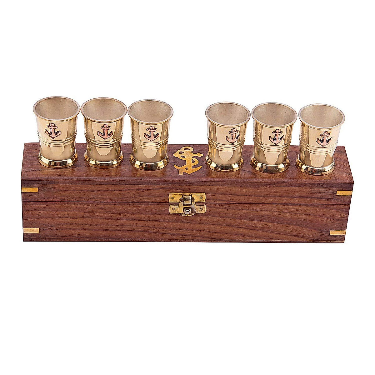 Brass Tequila Shot Glass with Anchor Monogram in Handmade Wooden Box – Six Glass Set