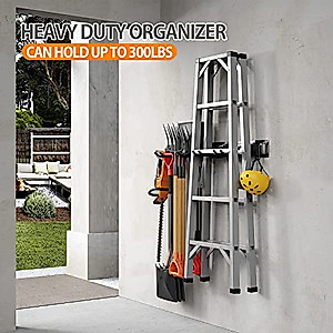 Garage Tool Organizer Storage Rack, Garage Organizers Wall Mount Storage System with 6 Removable Hooks, Super Heavy Duty Steel Garden Tool Hanger Rack for Chair, Broom, Mop, Rake Shovel Yard Tools