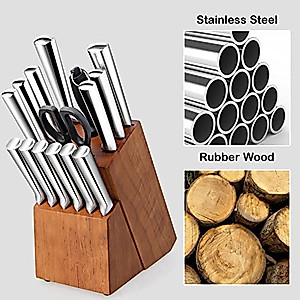 COSTWAY Kitchen Knife Set, with Block, Sharpener & Kitchen Shears,Ultra Sharp Knife Set with Chef Knife, Bread Knife, Santoku Knife, Utility Knife, 6 Steak Knives(16-Pieces, Silver, Brown)