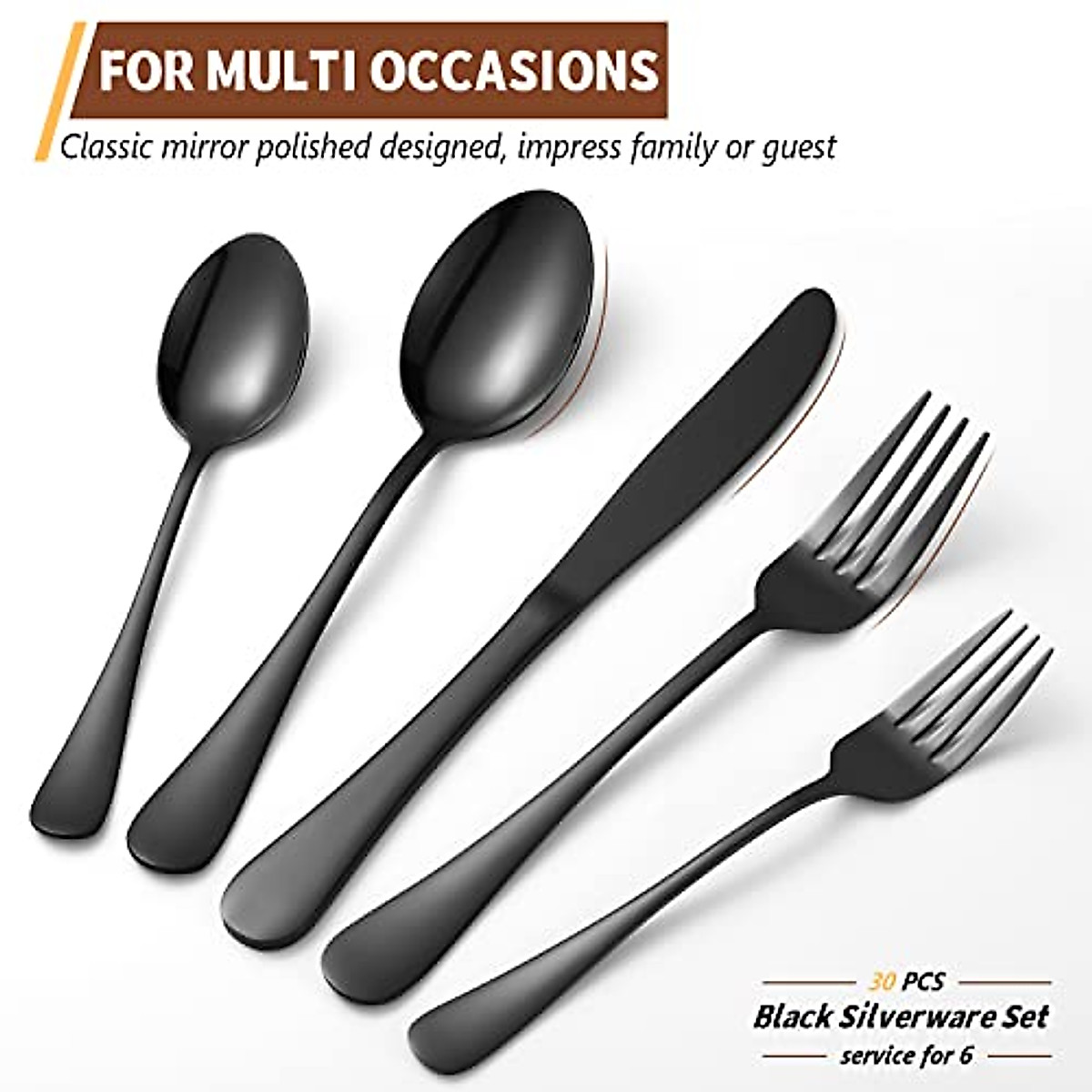 30 Piece Black Silverware Set, Stainless Steel Flatware Utensil Sets for 6, Black Cutlery Set Includes Forks Spoons Knives, Mirror Polished, Dishwasher Safe