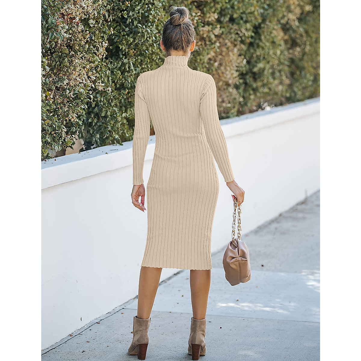 MEROKEETY Women's 2024 Ribbed Long Sleeve Sweater Dress High Neck Slim Fit Knitted Midi Dress,Khaki,M