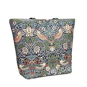 Signare Tapestry Shoulder Bag Tote Bag for Women with Blue Flower and Bird William Morris Strawberry Thief Design (SHOU-STBL)