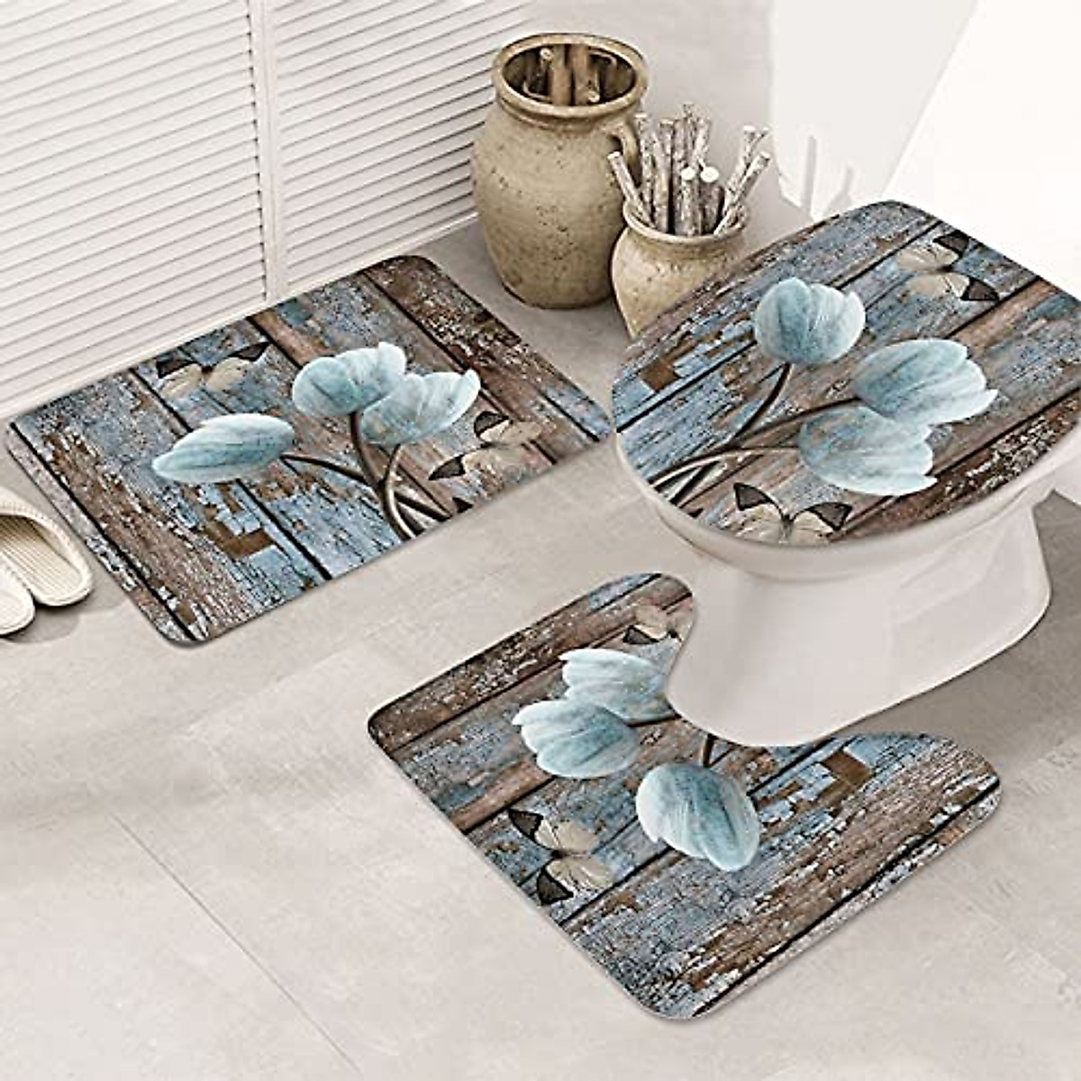4 Piece Fun Butterfly Vintage Wooden Floral Tulip Flower Shower Curtains Sets with Non-Slip Rugs, Toilet Lid Cover and Bath Mat, Bathroom Sets with Shower Curtain and Rugs and Accessories