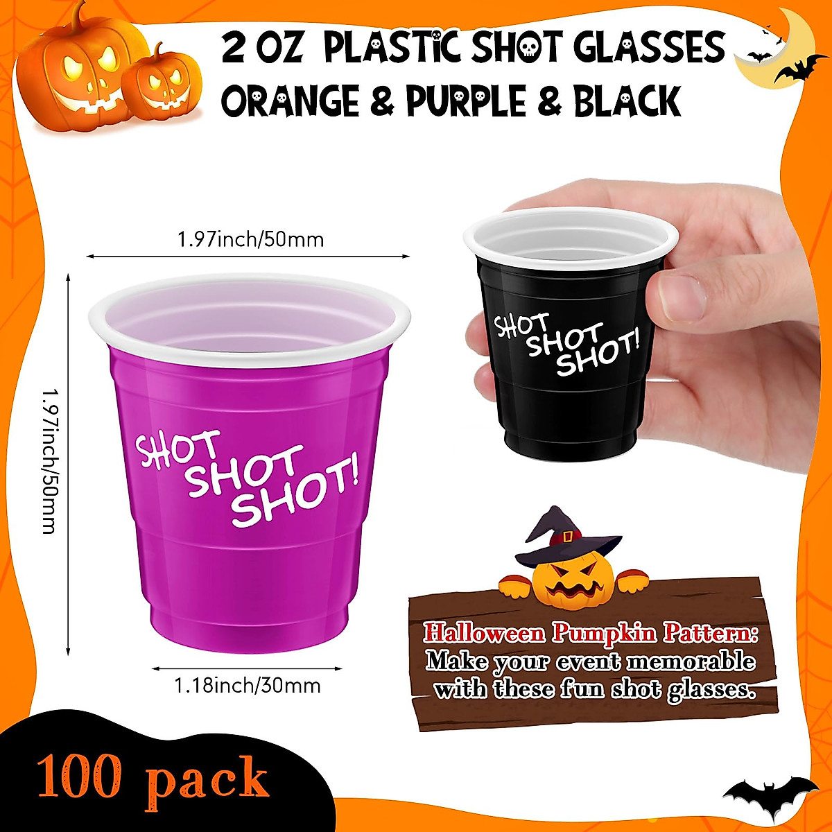 Lounsweer 100 Pcs Halloween Plastic Cups 2 oz Disposable Cups Mini 2 oz Party Glasses for Bachelorette Birthday Tasting Serving Samples Cups for Drinking Party (Shot, Shot, Shot)