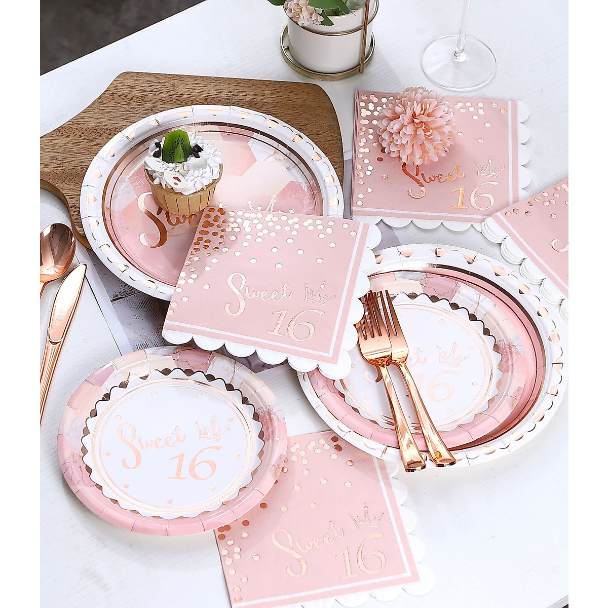 Rose Gold Sweet 16 Birthday Decorations for Girls - Serves 16 - Includes Sweet 16th Plates and Napkins Party Supplies Cups Cutlery for Sweet Sixteen Party