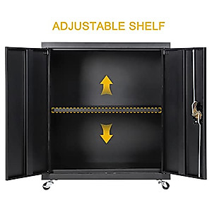GREATMEET Metal Storage Cabinet with Locking Doors and 1 Adjustable Shelves,Gauge 24 Steel Storage Cabinet with Wheels for Home Office,Black(26.1" W x 13.78" D x 31.5" H)