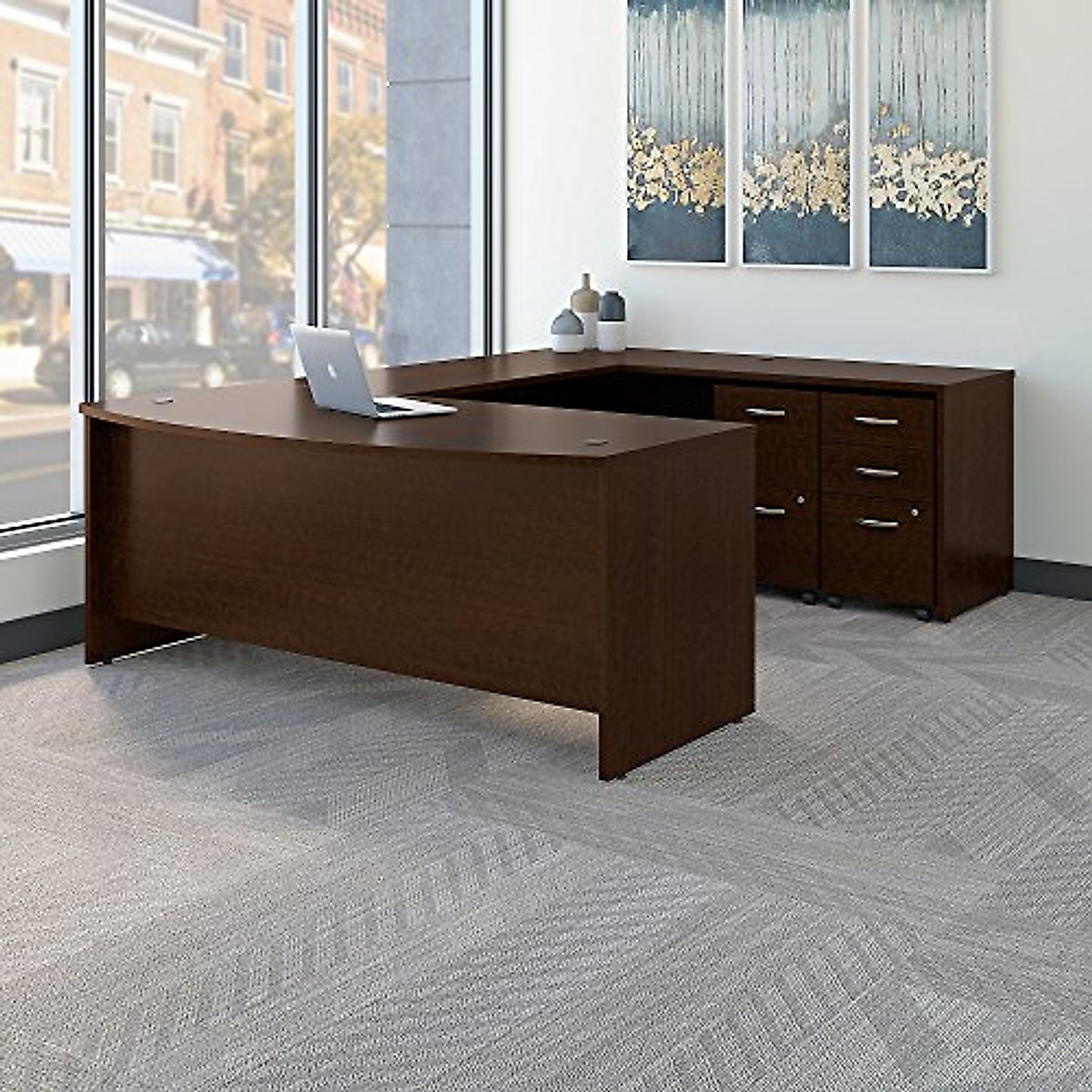 Bush Business Furniture Series C 72W x 36D Bow Front U Shaped Desk with Mobile File Cabinets in Mocha Cherry