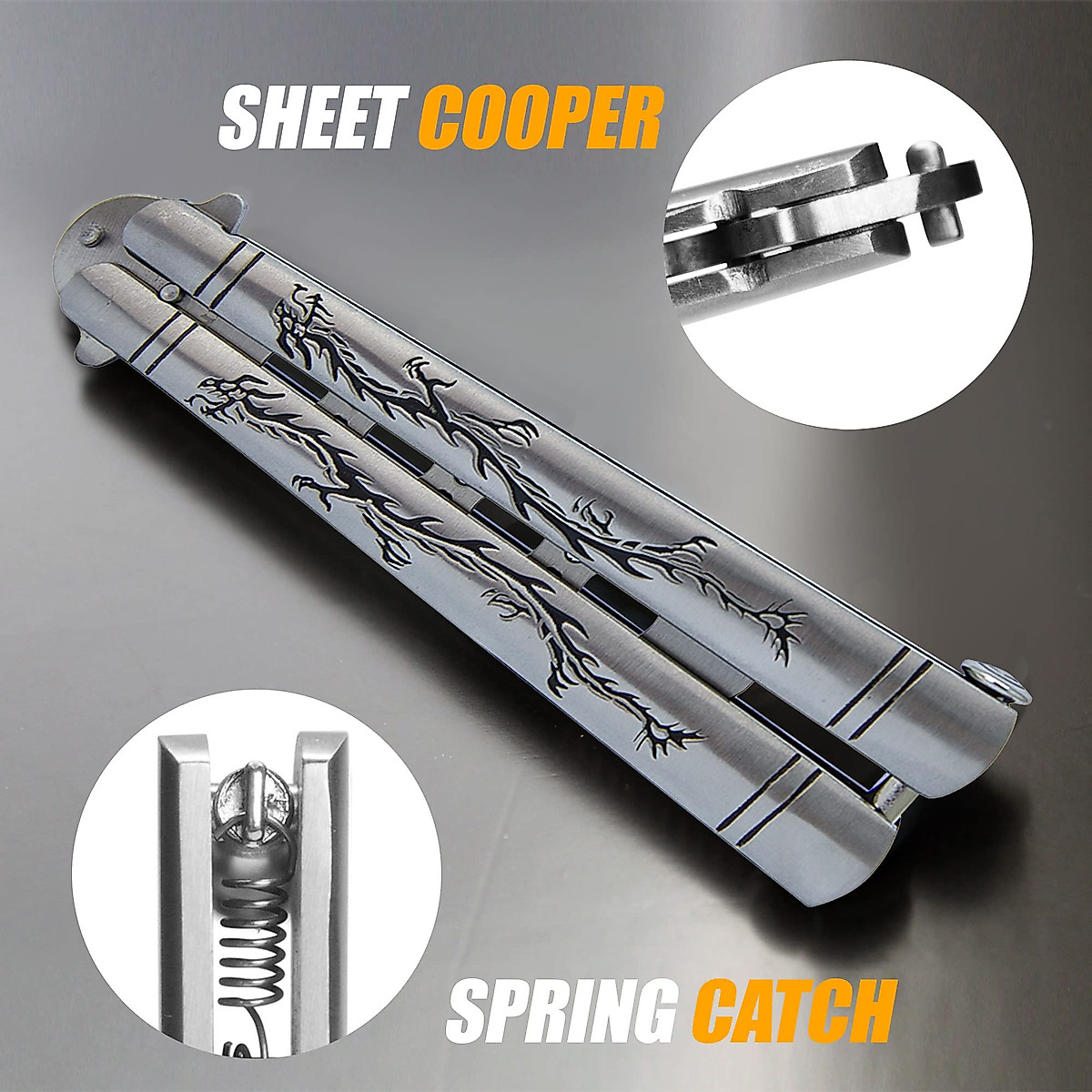 VORNNEX Practice Butterfly knife Trainer with Sure Spring Latch, Full Stainless Steel Black Dull Balisong, Unsharpened Butterfly knives Comb for CSGO Training(Silver)