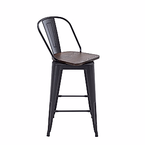 Alunaune 30" Swivel Metal Bar Stools Set of 4 High Back Counter Height Barstools Industrial Dining Bar Chairs with Large Wooden Seat-Matte Black