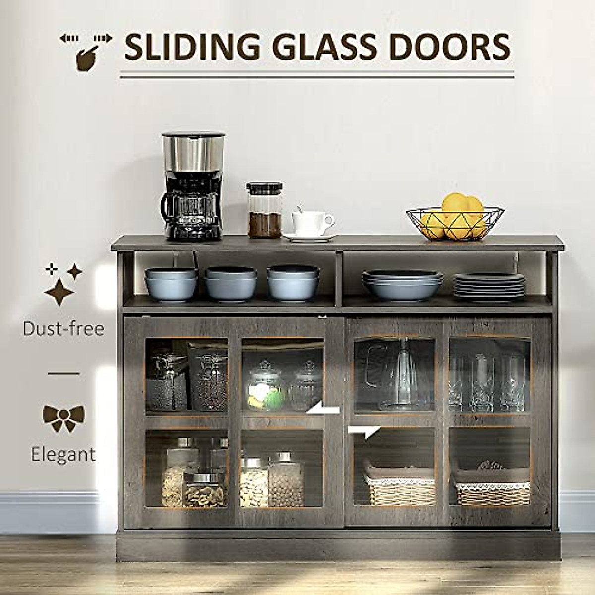 HOMCOM Sideboard with Glass Sliding Doors, Buffet Cabinet, Coffee Bar Cabinet with Adjustable Shelf, Dark Grey