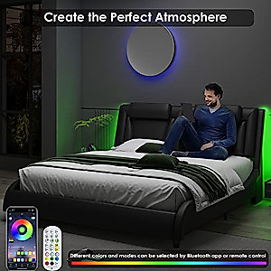 Modern Upholstered Bed Frame with Adjustable LED Headboard, Pu Leather Platform Bed with Wave-Like Curve Design and Solid Wooden Slats Support, No Box Spring Needed, Noise Free, King, Black