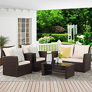 Wisteria Lane 4 Piece Outdoor Patio Furniture Sets, Wicker Conversation Set for Porch Deck, Brown Rattan Sofa Chair with Cushion
