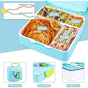 Bento Lunch Box for Kids, Dinosaur Lunch Box with 4 Compartment Bento,1300ml Lunch Containers with Sauce Jar, Spoon&Fork, Durable, Leak Proof, Dishwasher Safe, BPA-Free and Food-Safe Materials (Blue)