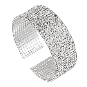 Ecesha Sparkly Silver Simple 10 Rows Rhinestone Crystal Cluster Wide Arm Cuff Bracelet Wedding Jewelry for Women Bridal Gift for Formal Prom Party