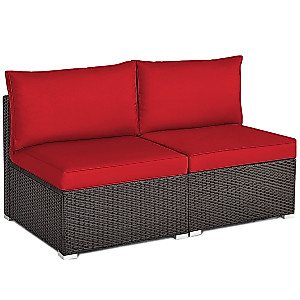 COSTWAY 2PCS PE Rattan Armless Sofa, Wicker Patio Conversation Set Chairs with Soft Cushion, Outdoor Sectional Furniture for Yard, Poolside (Red)