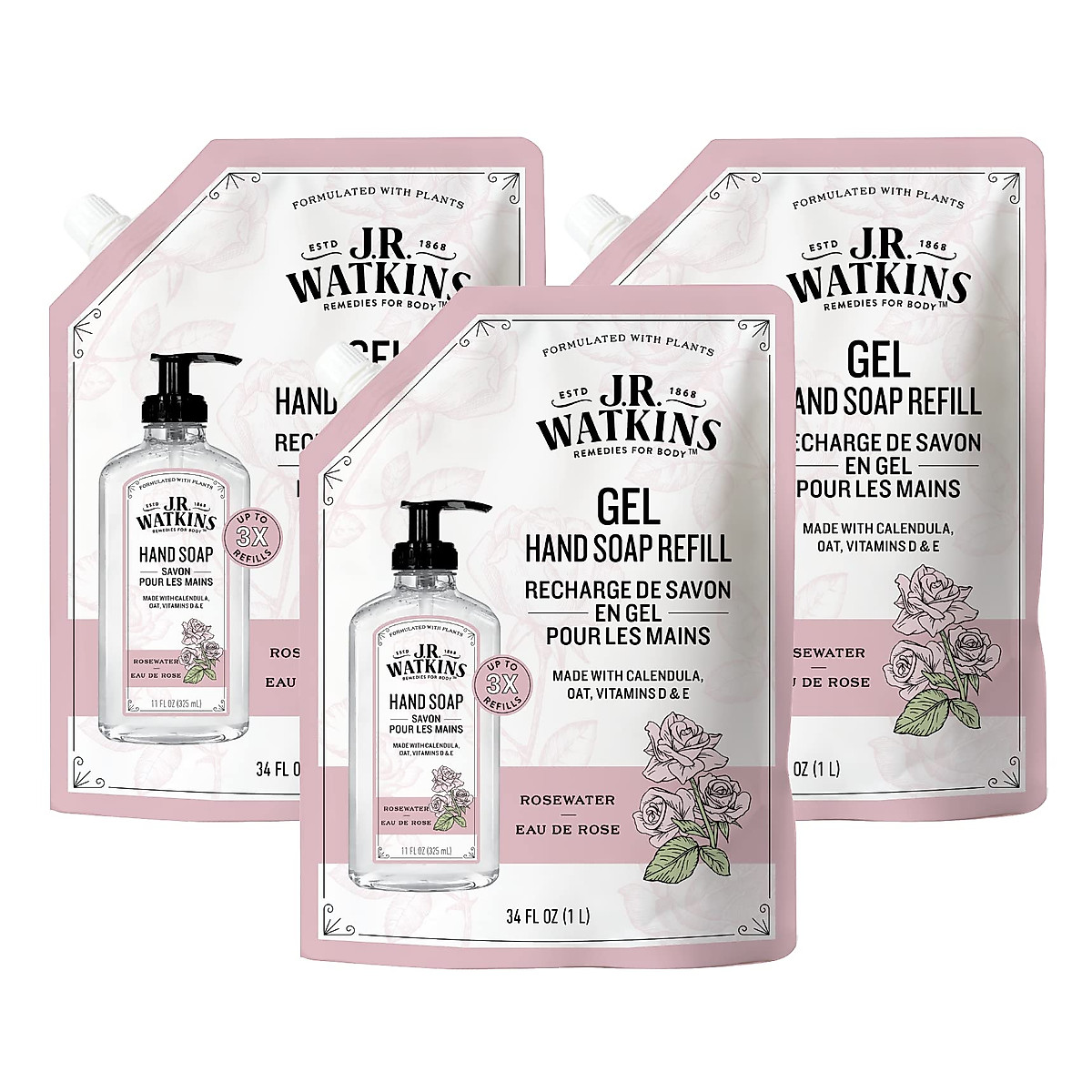 J.R. Watkins Gel Hand Soap Refill, Moisturizing Hand Wash, All Natural, Alcohol-Free, Cruelty-Free, USA Made, Rosewater, 34 Fl Oz, 3 Pack