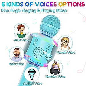 Wireless Bluetooth Karaoke Microphone with Controllable LED Lights, 5-in-1 Portable Mic Speaker Player Recorder, Great Toys Birthday Gifts for 3 4 5 6 7 8 Years Old Girls Boys (Blue)