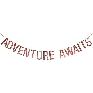 Adventure Awaits Banner - Graduations/Bon Voyage/Travel Themed/Retirement/Farewell Party Supplies（ Rose Gold）