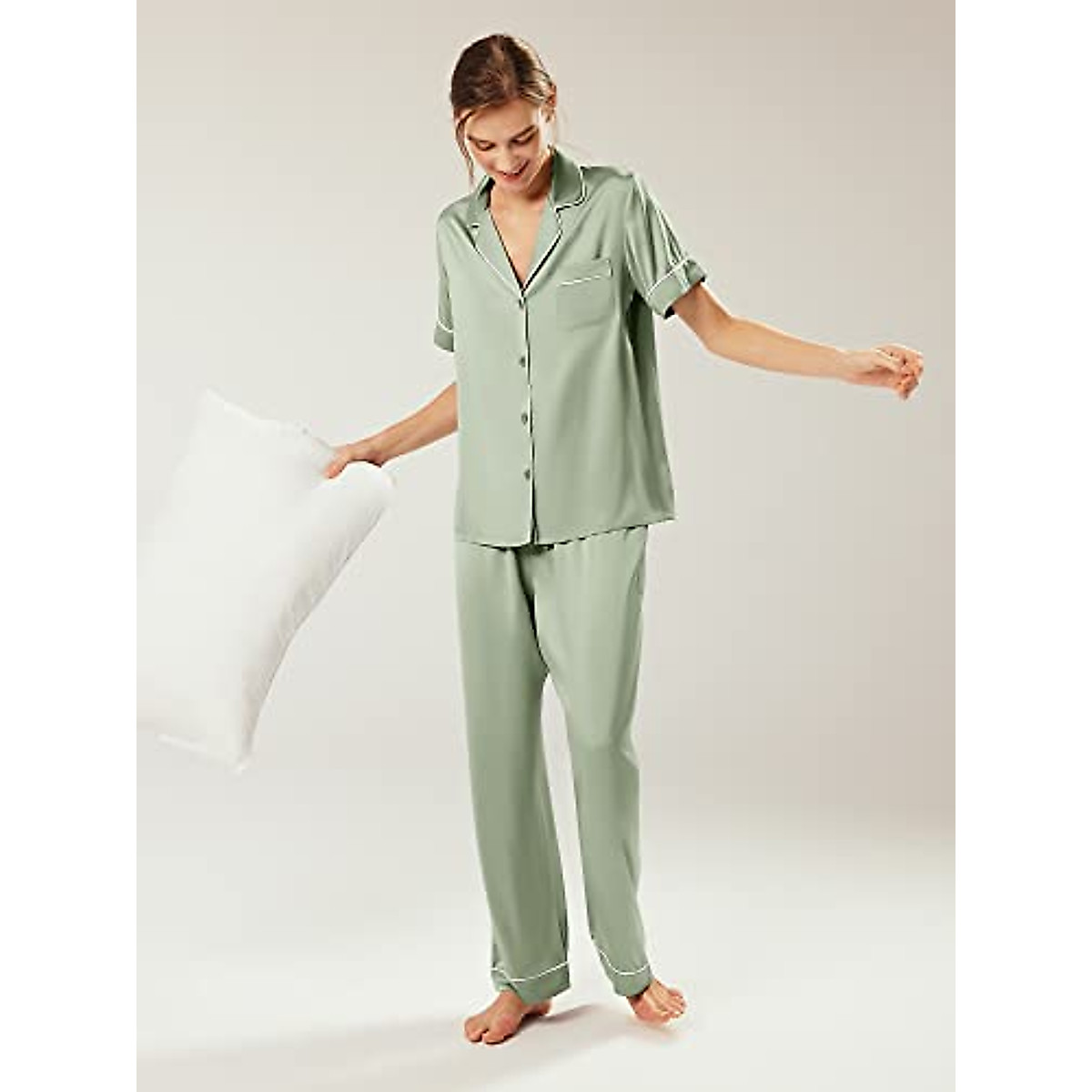 AW BRIDAL Plus Silk Pajamas for Women Satin Pajama Set Button Up Bride Bridesmaid Pajamas Sleepwear Loungewear, Sage Green XL