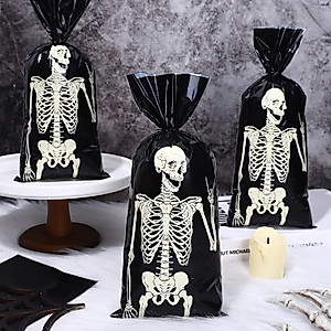 Whaline 150Pcs Halloween Cellophane Gift Bags with 200Pcs Twist Ties Funny Skeleton Party Favor Bags Candy Goodie Treat Bags for Trick or Treat Birthday Party Supplies
