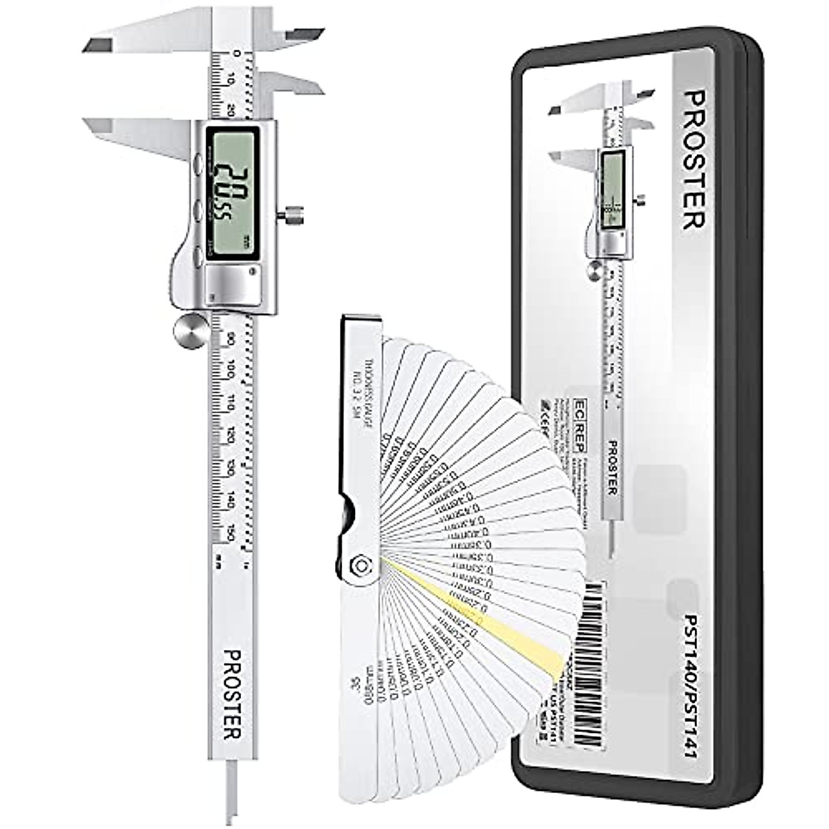 Proster Digital Vernier Caliper 6inch/150mm + 32 Feeler Gauges Dial Calipers Electronic Caliper Fractions/Inch/Metric Calipers Measuring Tool for Length Width Depth Inner/Outer Diameter