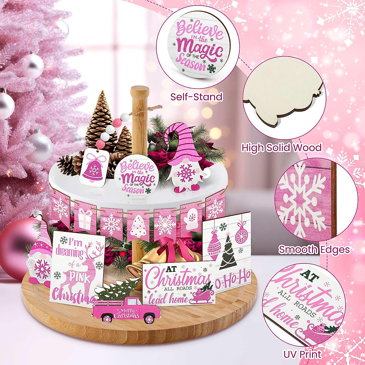 VIDELLY Christmas Tiered Tray Decor Set, 15 Pieces Wood Rustic Farmhouse Table Decor Pink Gnome Elk Snowflakes Bell Christmas Decorations