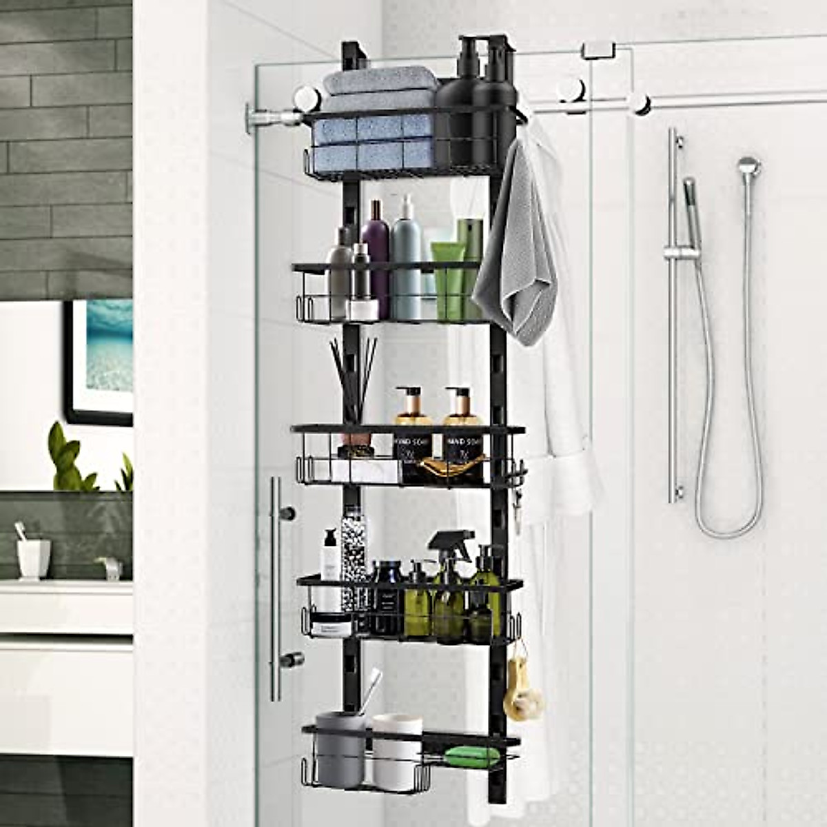 AUROPEAK Shower Caddy Over the Door, Hanging Shower Organizer Rustproof No Drilling, Adjustable Over the Shower Door Caddy Storage Rack with 5-Tier Shelf Baskets, Soap Holder, Towel Hooks for Bathroom