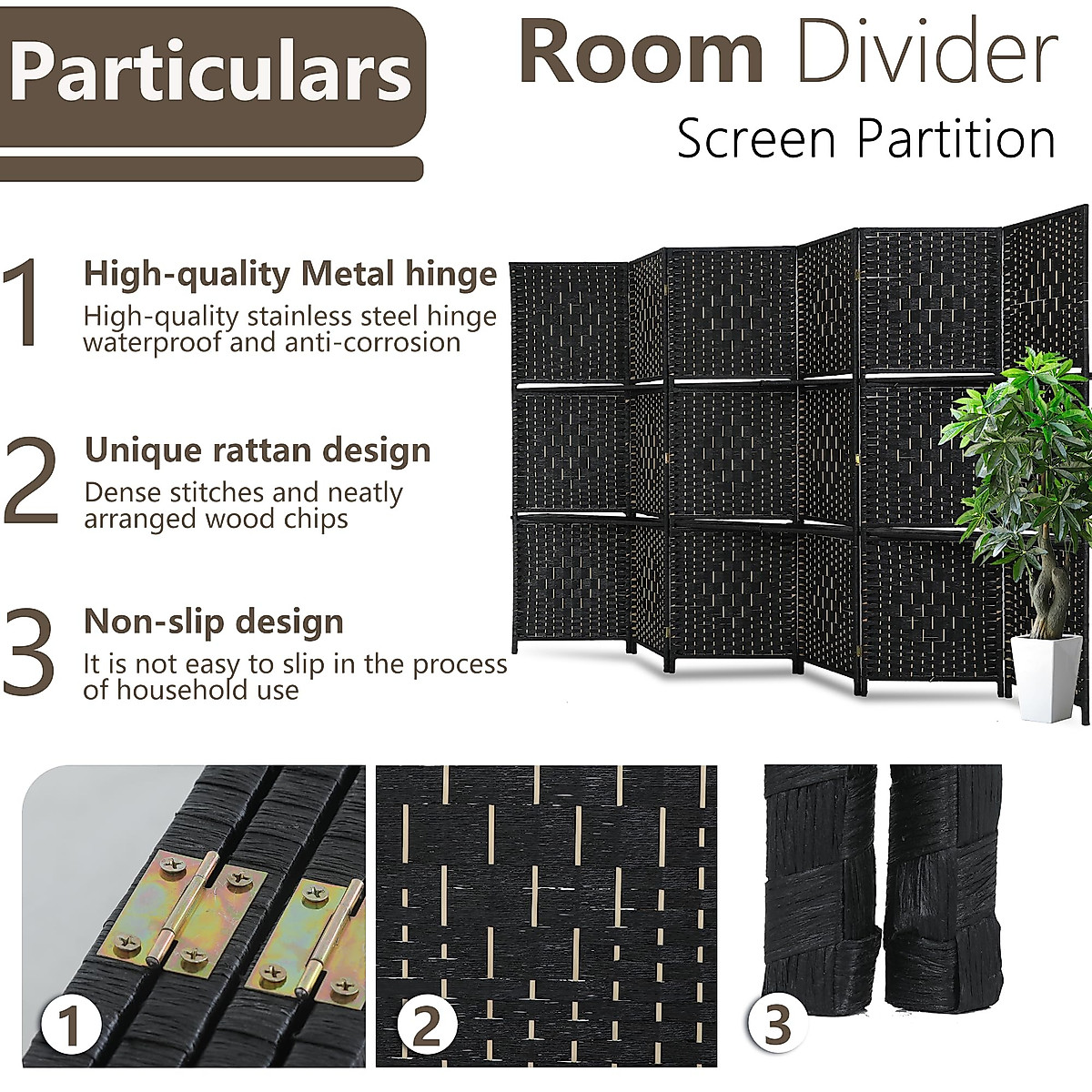 Room divider 6 panel room screen divider wooden screen folding portable partition screen wood with removable storage shelves colour，Black