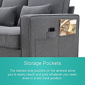 BIADNBZ Linen Fabric 4-Seater Sofa Modern Couch Furniture with Armrest Storage Pockets and 4 Pillows, for Living Room Apartment, 104inch, Dark Gray