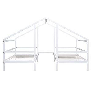 BOVZA Double Twin Size Triangular House Beds for Kids, Wood Bed Frame with Built-in Table, 2 Twin Platform Beds for Kids Teens, White