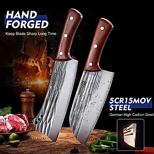 Topfeel 2PCS Meat Cleaver & Heavy Duty Bone Chopper Knife Set, Hand Forged German High Carbon Stainless Steel Butcher Knife for Home Kitchen & Outdoor
