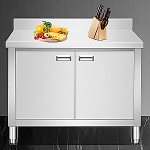Stainless Steel Sliding Door Work Table Commercial Kitchen Restaurant Prep Table Metal Table with Raised Bezel Stainless Steel Storage Cabinet with Platform(100x60x80cm)