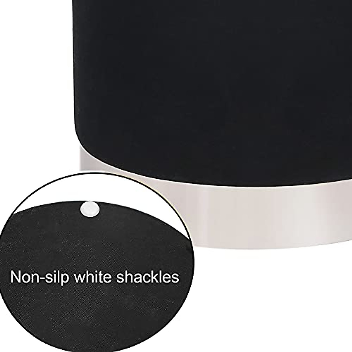 Adeco Round Upholstered Velvet Ottoman with Silver Metal Base, Makeup Vanity Chair Soft Compact Padded Foot Rest Stool for Living Room Bedroom, Black