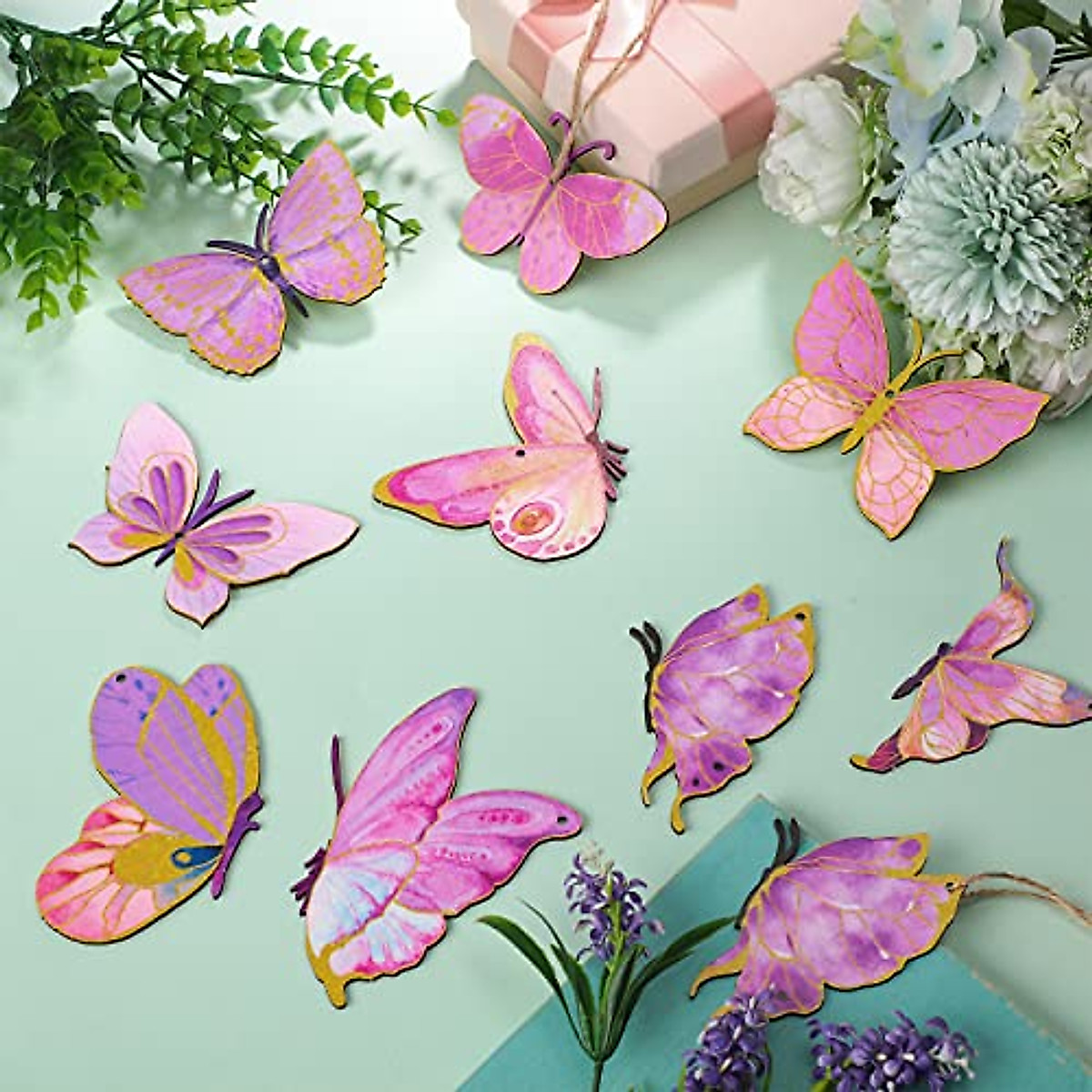 Sintuff 36 Pcs Butterfly Party Decor Butterfly Wood Hanging Ornaments Pink Purple Butterfly Hanging Ornaments Spring Summer Butterfly Hanging Decorations for Butterfly Baby Shower Decorations