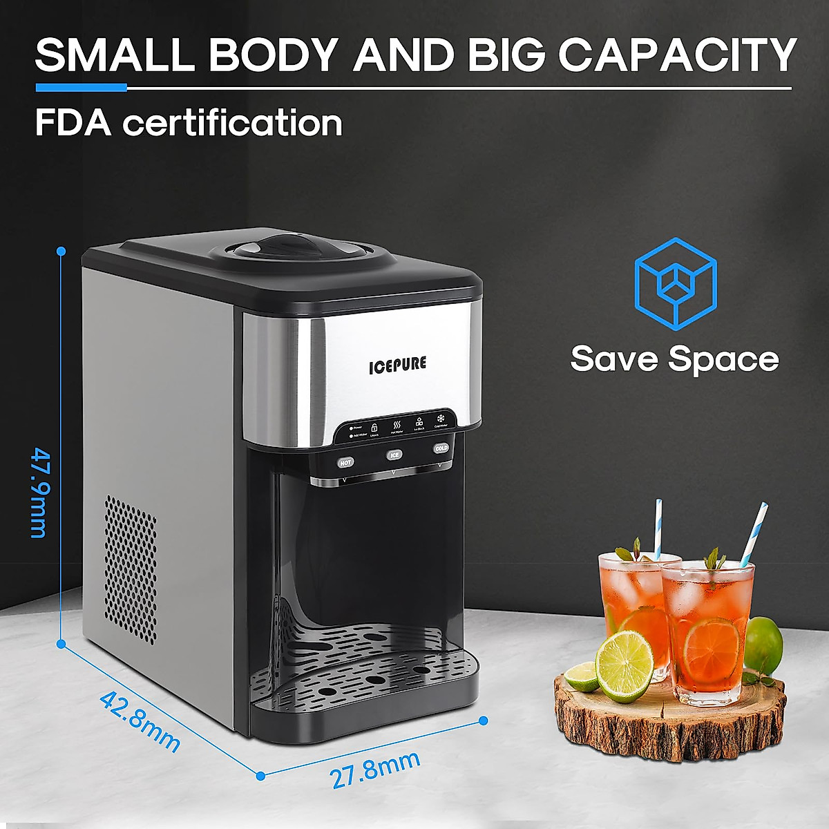 ICEPURE Countertop Water Cooler Dispenser with Ice Maker, 3 in 1 Top-Loading Hot&Cold Water Dispenser 5 Gallon, 3 Temperatures Setting- Hot&Cold Water, Portable Ice Makers for Home Kitchen Office Bar