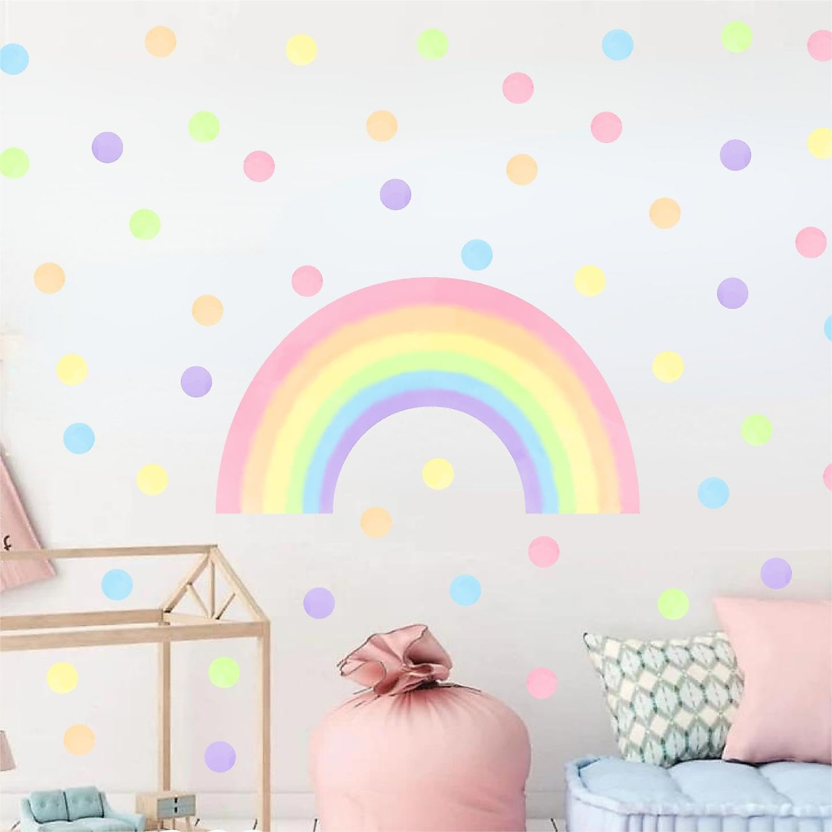 Colorful Rainbow Wall Decals Large Rainbow Wall Stickers Circle Polka Dots Wall Stickers Watercolor Rainbow Wall Decals for Girls Bedroom Nursery Kids Room
