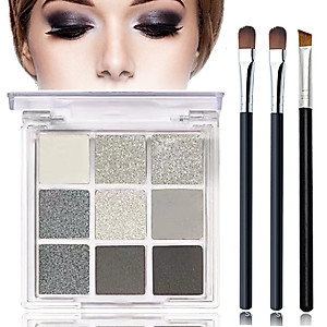 Black Smokey Eyeshadow Palette,9 Colors Glitter Black Silver Grey Brown Eyeshadow Palette,Long Lasting Waterproof Cool Toned Matte Eye Shadow Plattet with Eyeshadow Brush for Girls and Women （Set A）