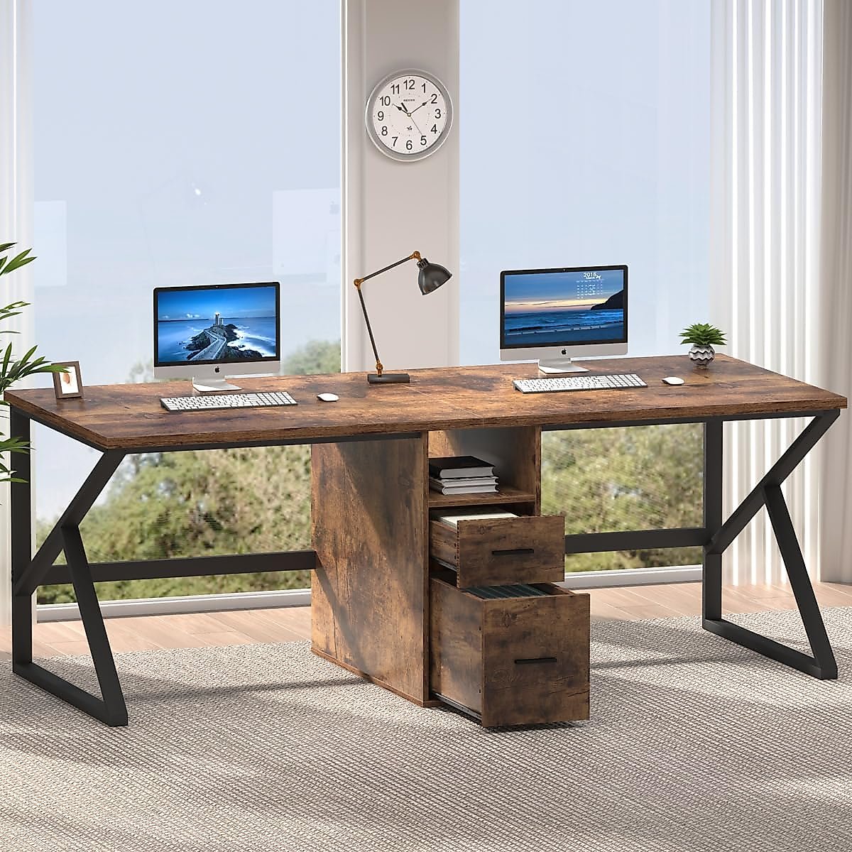 IBF 79" Two Person Office Desk,Large Double Long Pc Desk with File Drawer, 2 Person Computer Desk with Storage Cabinet Shelf, Industrial Wood Modern Work Dual Computer Table for Home, Rustic Brown