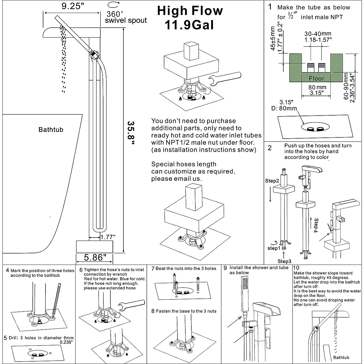 LLGG Freestanding Bathtub Faucet Tub Filler Brushed Gold Waterfall High Flow Rate 11.9GAL Floor Mounted Bathroom Mount Faucets with Hand Shower LLGG