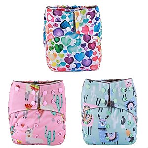Sigzagor 3 AIll in One Cloth Diapers Nappies for Night AIO Sewn in Insert Reusable Washable (Lamas Pack)