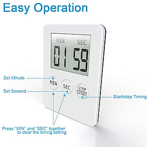 Attom Tech Ultra Slim Kitchen Timer, Thin Small Digital Mini Cooking Timer with Alarm and Magnet Back for Cooking Baking Sports Nap Games Office(White) (2)