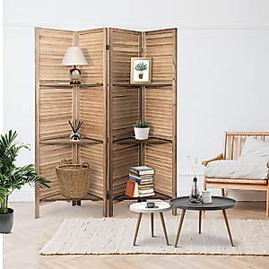 Babion 4 Panels Room Divider, Privacy Screen Room Dividers and Folding Privacy Screen, Room Dividers with 3 Display Shelves, 5.6 Ft Tall Wood Room Divider, Partition Wall for Home Office, Brown