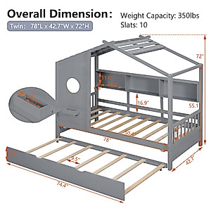 HUMEHA Twin Bed Frames for Kids, House Bed with Trundle and Shelves, Wood Playhouse Platform Bed Frame with Window and Fence for Boys Girls, Gray, 74.4" L x 42.7" W x 72" H