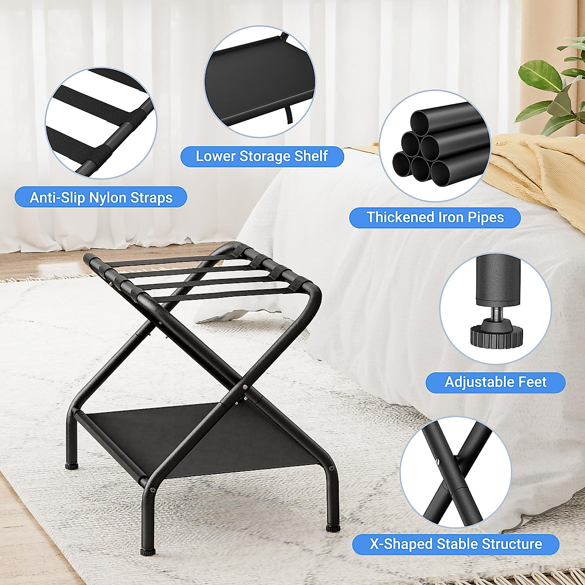 Jsluiiys Luggage Rack, Folding Luggage Stand, Collapsible Metal Luggage Holder, Heavy-Duty Suitcase Stand with Storage Shelf, Luggage Racks for Guest Room, Bedroom, Hotel Space Storage Rack, Black