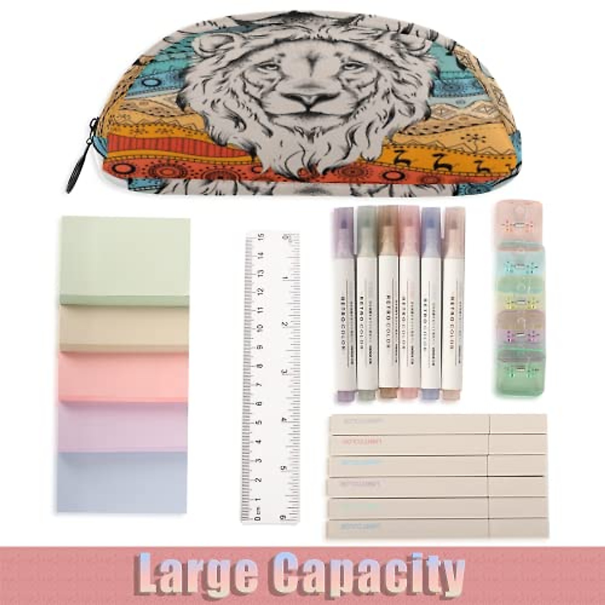 Pardick Pencil Case Animal Lion Enthnic Pencil Pouch Pencil Bags Half Round Pencil Organizer with Zipper, Adults Pencil Boxes Makeup Bag Pencil Storage Bag for Office School