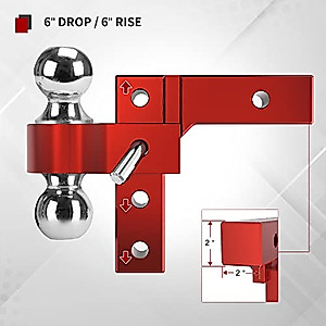 YITAMOTOR Adjustable Trailer Hitch, Fits 2-Inch Receiver, 6-Inch Drop Hitch, Aluminum Tow Hitch, Ball Mount, 2 and 2-5/16 inch Combo Stainless Steel Tow Balls with Double Pins, Red