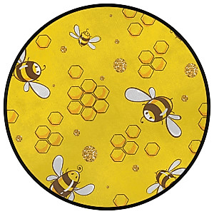 30X30 Inch Round Area Rug Cute Yellow Bee Large Circle Rugs Non-Slip Soft Indoor Throw Rugs Washable Floor Mat Carpet for Bedroom Living Room Sofa Nursery Kids Playroom Decor